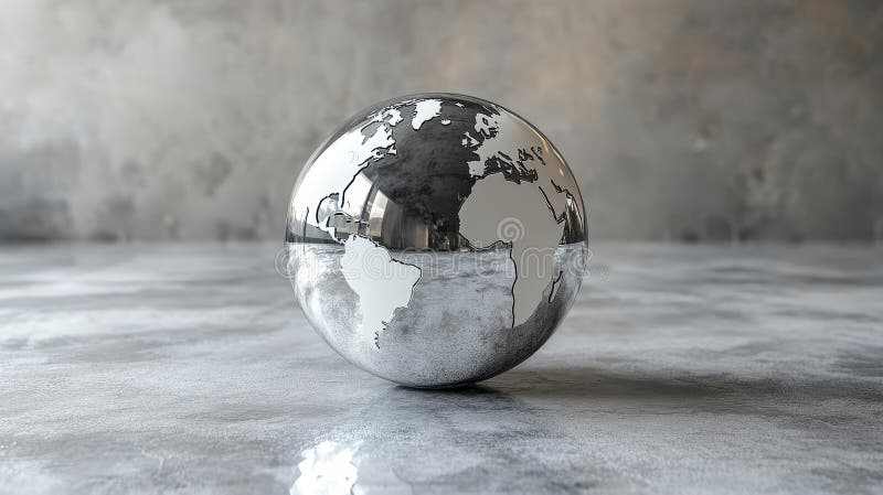 Reflective Silver Globe with World Map on Grunge Background, Global ...