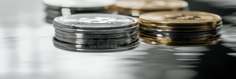 Reflective Silver and Gold Crypto Coins Resting on a Mirrored Surface ...