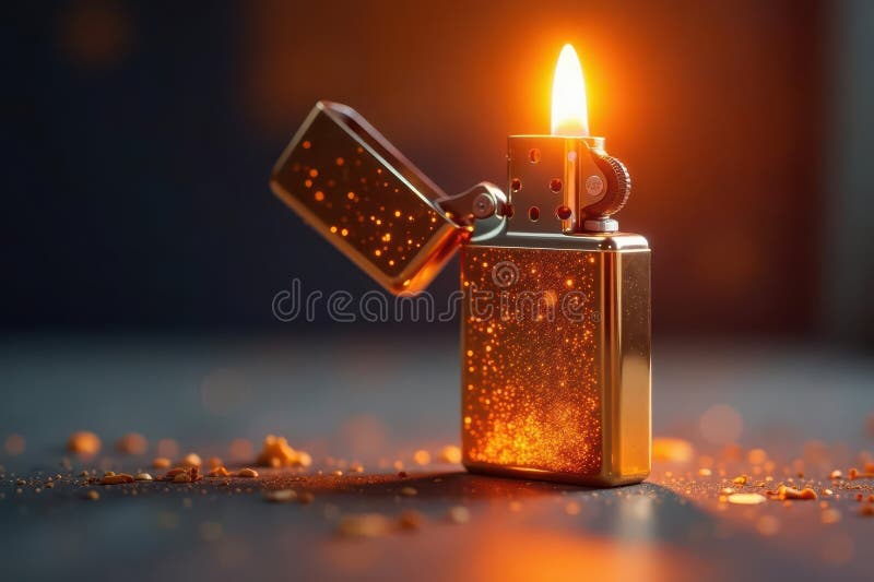 Reflective Silver Lighter, Intense Orange Flame Burning , Closeup ...
