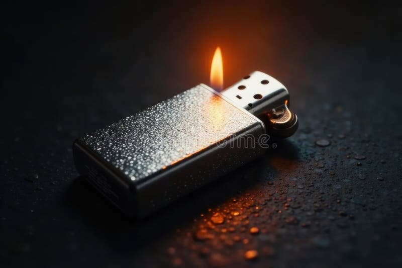 Reflective Silver Lighter, Intense Orange Flame Burning , Fuel, Macro ...
