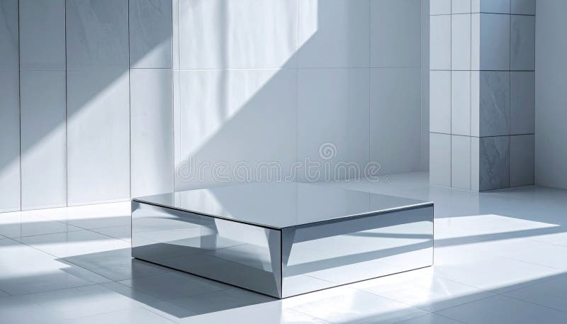 Reflective Silver Product Display in Modern White Room Stock ...