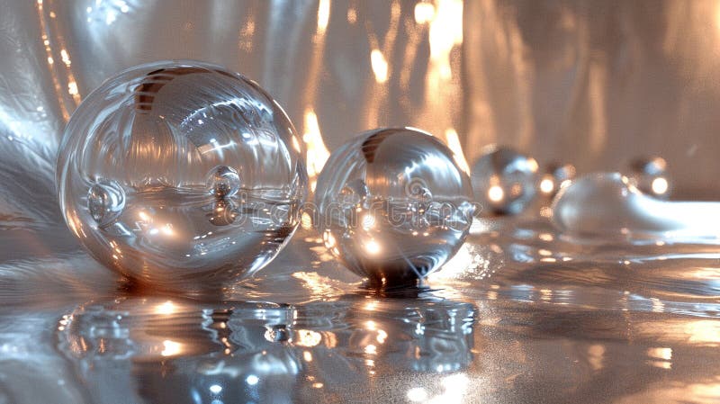 Reflective Silver Spheres on a Smooth, Shimmering Surface Under Soft ...