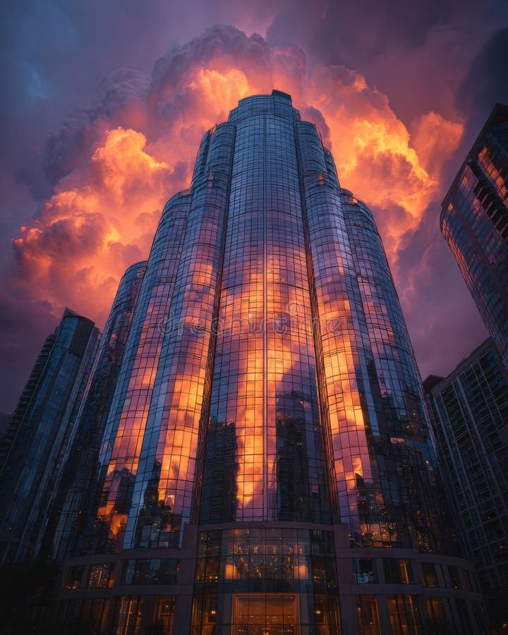 Reflective Skyscraper at Sunset with Fiery Clouds Stock Illustration ...