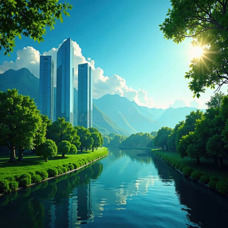 Reflective Skyscrapers, Lush Greenery, Tranquil River , Environment ...