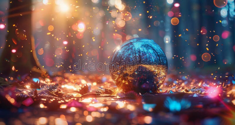 A Reflective Sphere Amidst Colorful Lights in a Forest at Sunset Stock ...