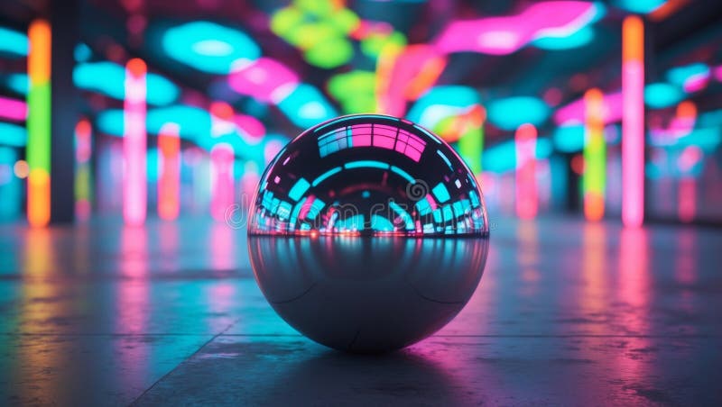 A Reflective Sphere Amidst Vibrant Neon Lights Stock Photo - Image of ...