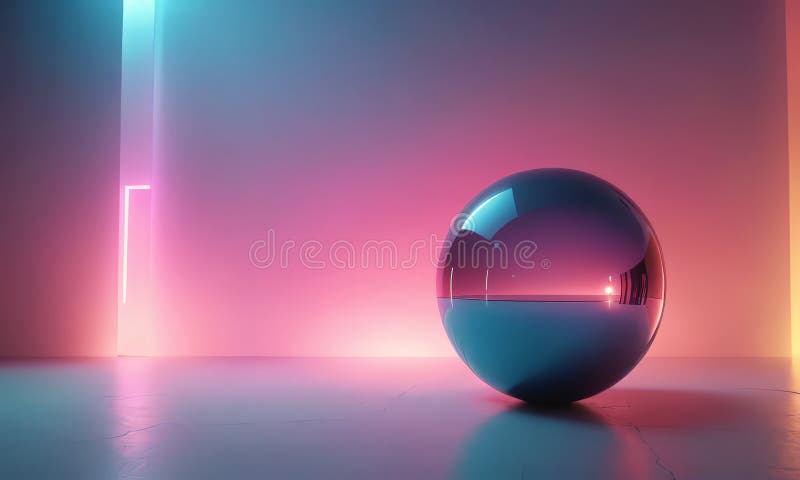 Reflective Sphere, Bathed in Blue and Pink Hues, Stands on Reflective ...