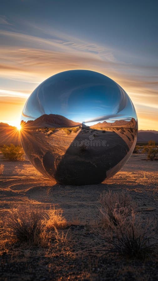 Reflective Sphere in Desert Landscape at Sunset, Surreal Concept Stock ...