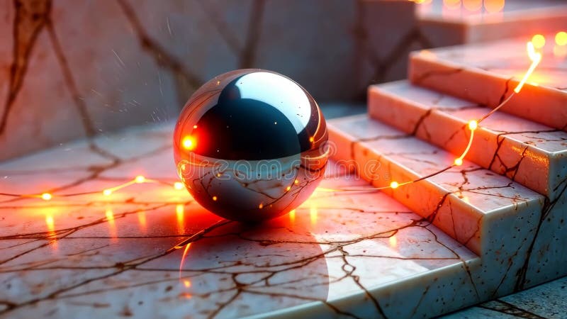 Reflective Sphere on Marble Platform with Festive Lights and Staircase ...