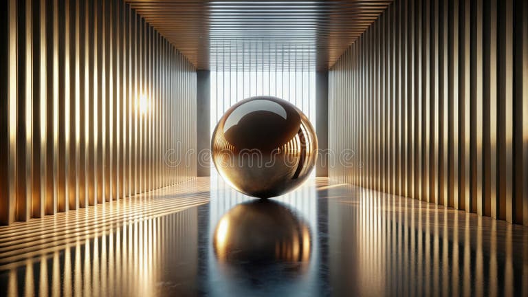 Reflective Sphere in a Modern Metallic Hallway with Sunlight Streaming ...