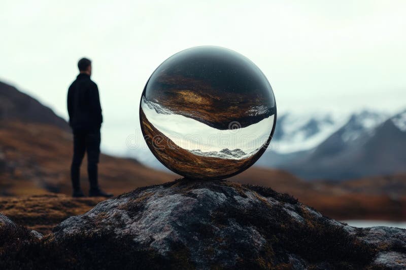 Reflective Sphere in Mountain Landscape with Caucasian Male Stock Photo ...
