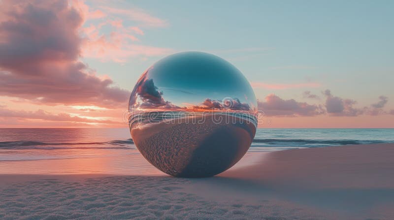 Reflective Sphere on Sandy Beach at Sunset Ocean View Calm Waves Stock ...