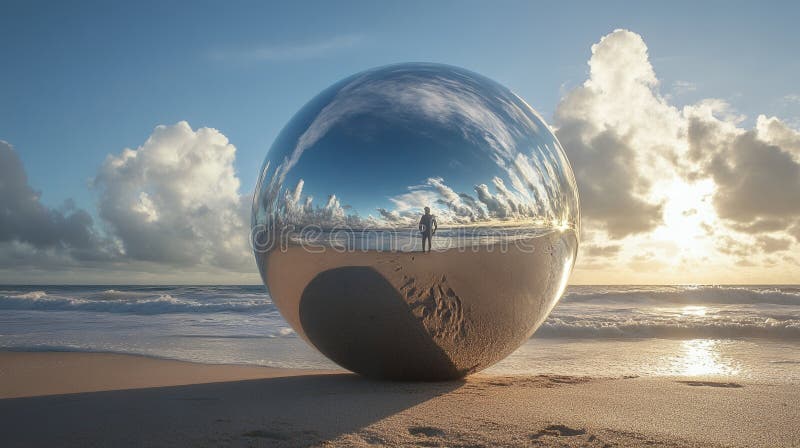 Reflective Sphere on Sandy Beach at Sunset Ocean View Person Silhouette ...