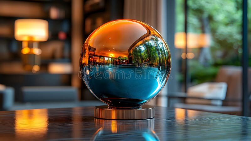 Reflective Sphere on Table with Sunset Reflections - 3D Illustration ...