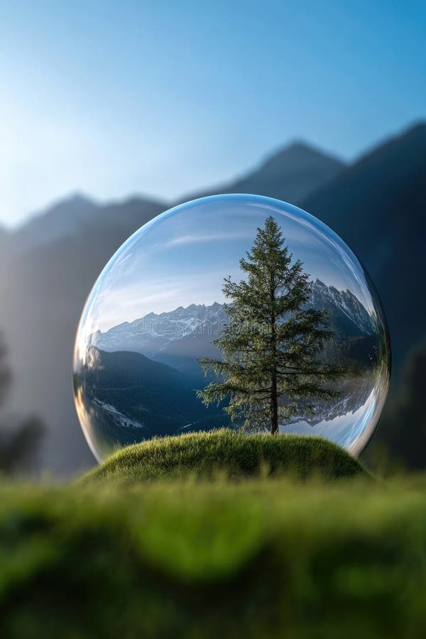 Reflective Sphere with Tree and Mountain Landscape in Nature Scene Stock Photo - Image of ...