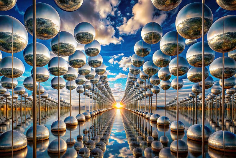 Reflective Spheres Align, Creating a Pathway To Sunrise Stock ...