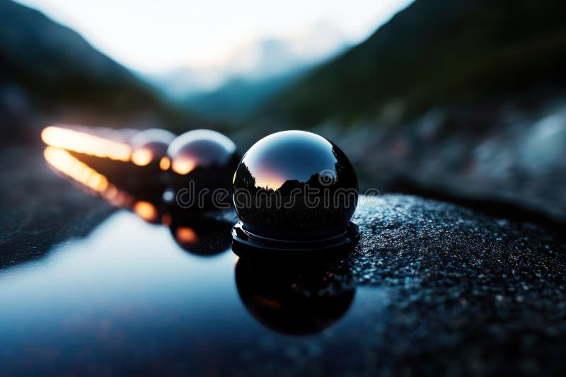 Reflective Spheres Aligned on Wet Surface in Mountain Landscape at Dusk ...