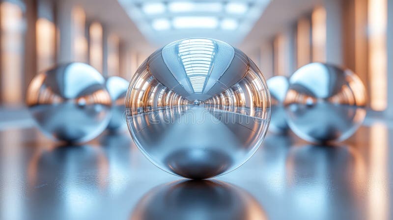 Reflective Spheres Arranged in a Modern Hallway with Natural Lighting ...