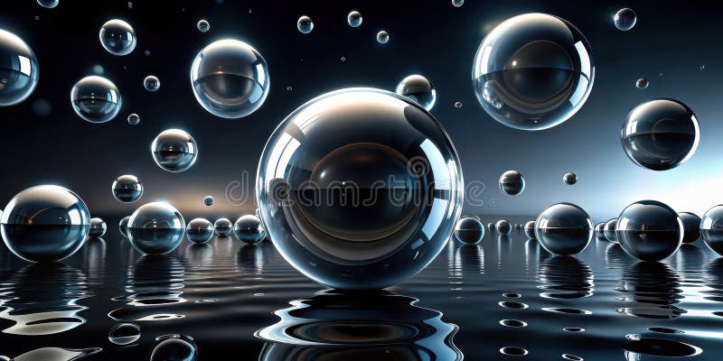 Reflective Spheres Floating on Dark Water, Abstract Chrome Bubbles in a ...