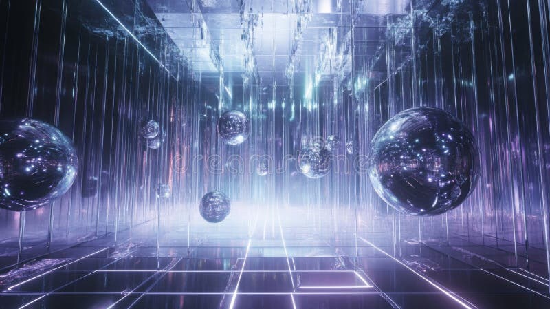 Reflective Spheres Hanging in a Neon-Lit, Geometric Chamber Stock ...