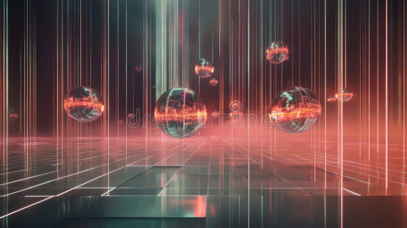 Reflective Spheres Hanging Over Red and White Neon Grid Stock ...
