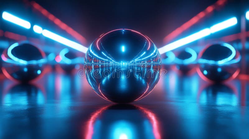 Reflective Spheres in Neon Blue and Red Light Stock Illustration ...