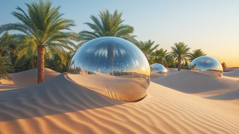 Reflective Spheres Nestled in a Desert Landscape with Palm Trees Stock ...
