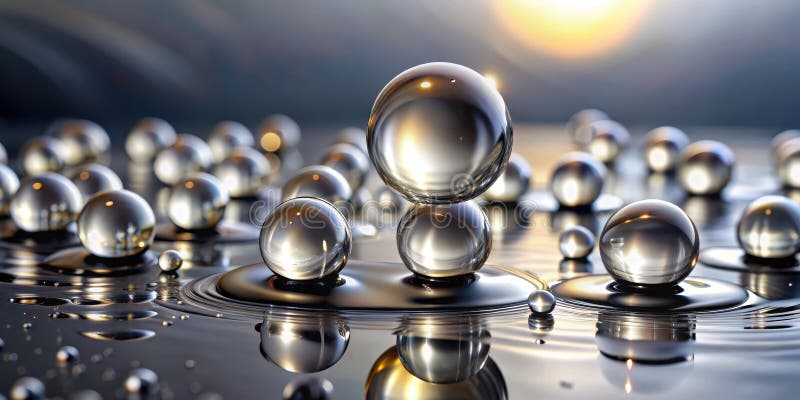 Reflective Spheres Resting on a Tranquil Surface of Liquid, Illuminated ...