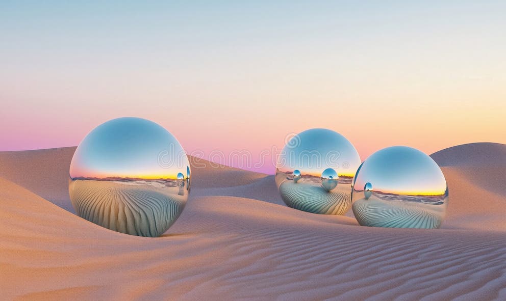 Reflective Spheres on Sand Dunes at Sunset, Showcasing Vibrant Colors ...