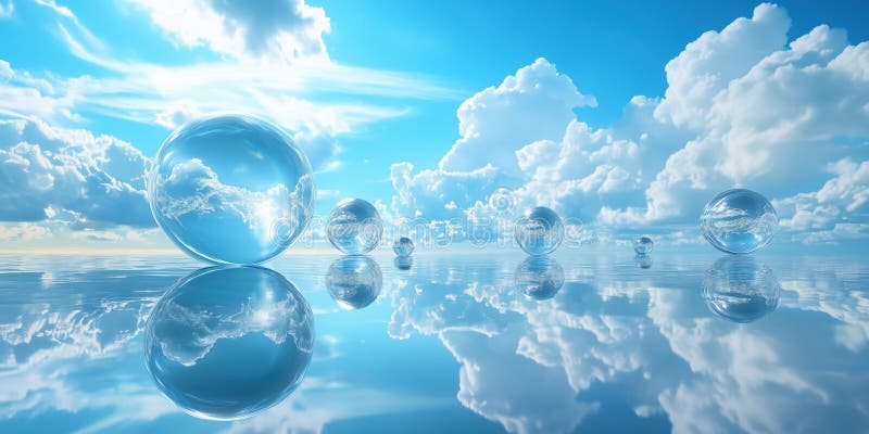 Reflective Spheres on Tranquil Water Surface Under Bright Blue Sky with ...
