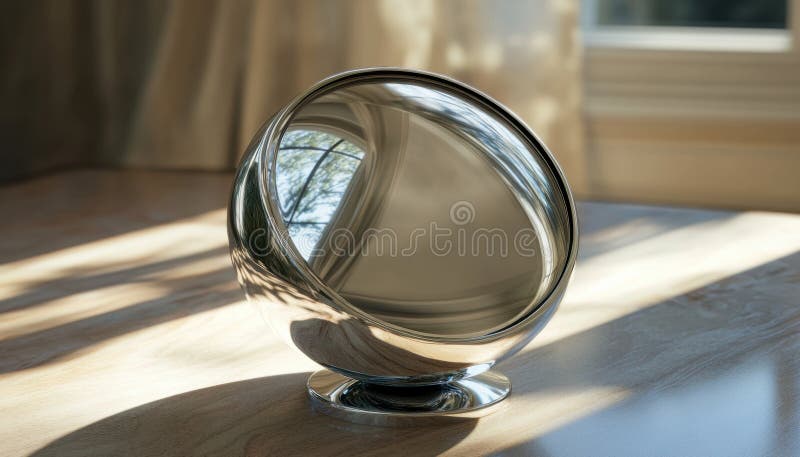 Reflective Spherical Object on a Wooden Table with Soft Sunlight in a ...