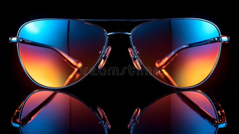Reflective Sunglasses Highlight Captivating Blue Tones Against a Dark ...