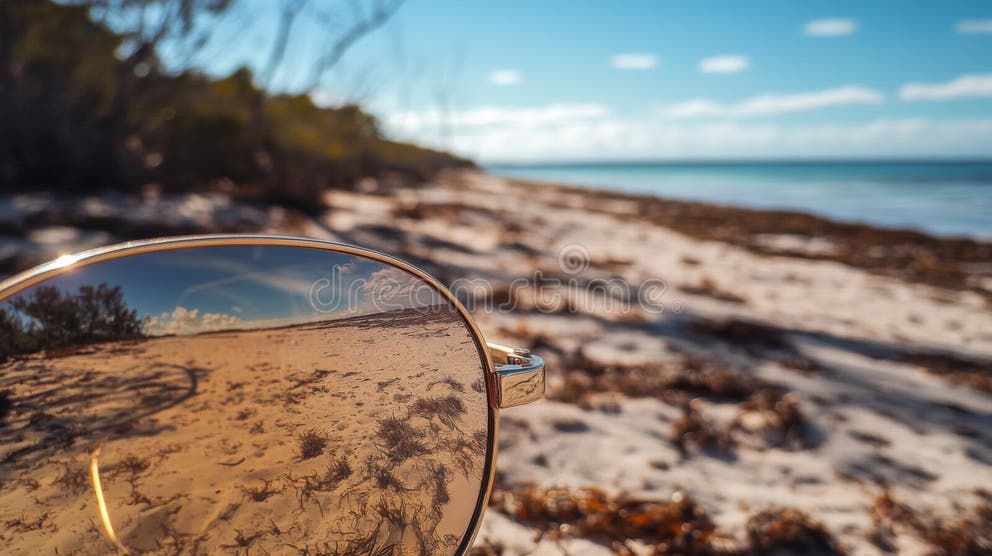 Reflective Sunglasses on Sandy Beach, Ocean View Stock Illustration ...
