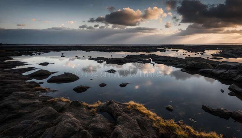 Reflective Sunset Over Rocks Stock Illustration - Illustration of blue ...