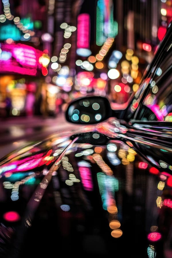 Reflective Surface of Black Car Amid Vibrant Night City Lights Stock ...