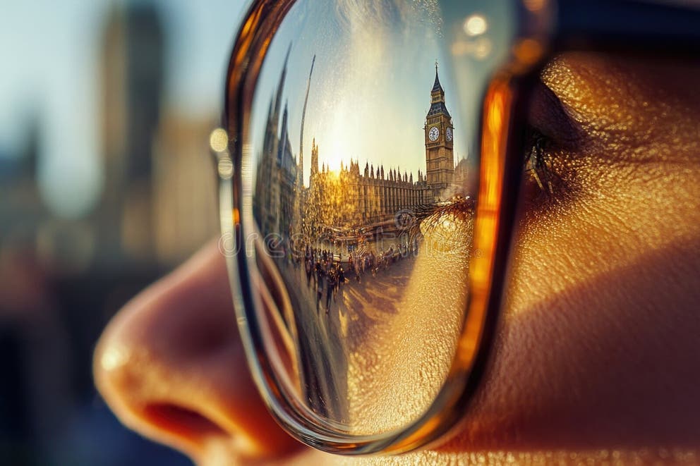 A Reflective Surface with a Clock Tower Reflected in a Pair of ...