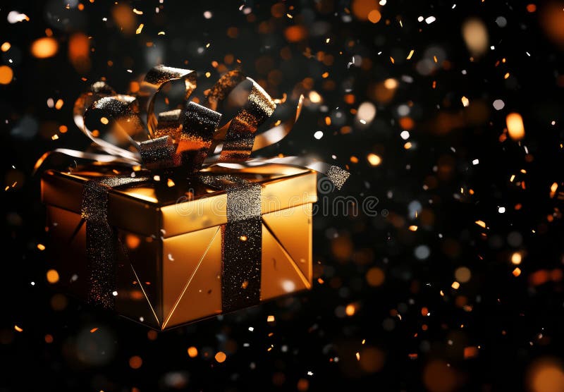 A Reflective Surface Holds an Open Golden Gift Box, with Gold Confetti ...