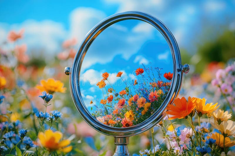 A Reflective Surface Mirrors a Field of Blooming Wildflowers Stock ...