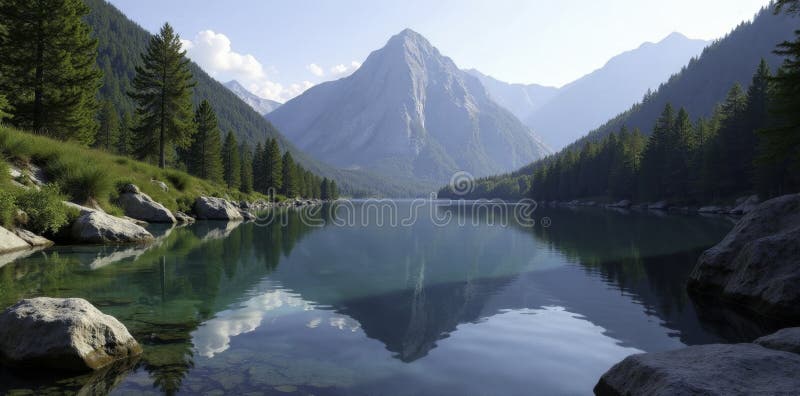 Reflective Surface of a Mountain Lake with Surrounding Trees and Rocks ...
