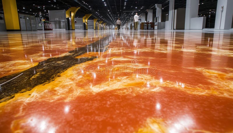 Reflective Swirls of an Orange and Black Epoxy Floor Inside a Large ...
