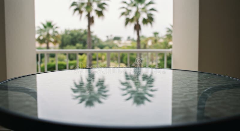 Reflective Table on a Balcony Overlooking Palm Trees Stock Illustration ...