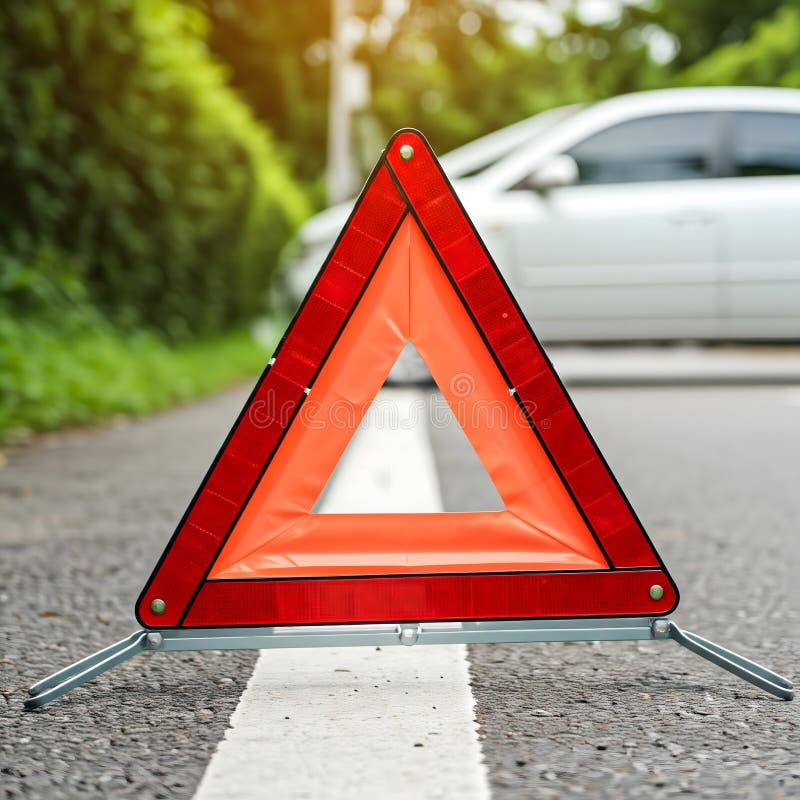 A Reflective Warning Triangle Placed on a Rural Road, with a Blurred ...