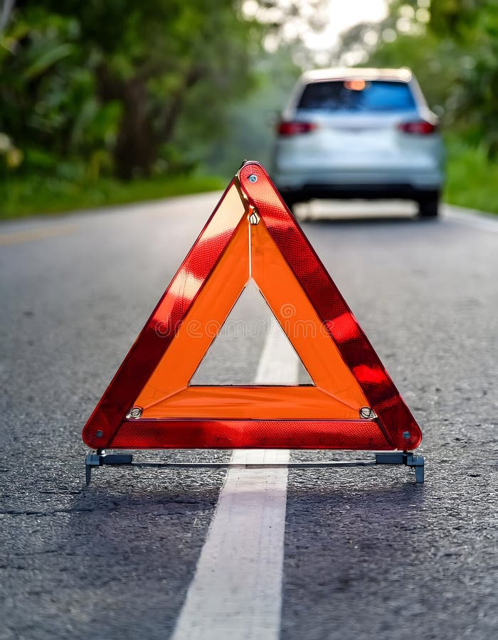 A Reflective Warning Triangle Placed on a Rural Road, with a Blurred ...