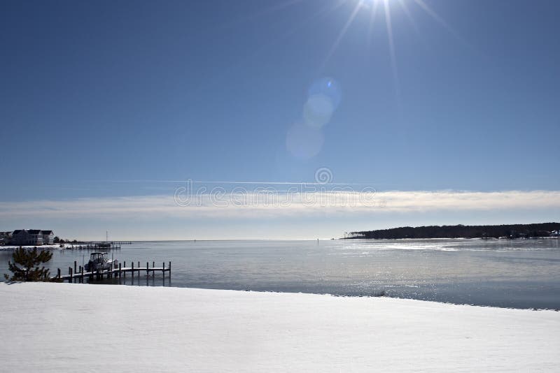 Reflective Winter Snow Covered Shore Stock Photo - Image of dock, white ...