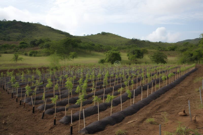 Reforestation Project Near Community, with Rows of Newly Planted Trees ...