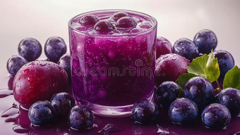 Refreshing Acai and Grape Juice in a Glass with Ice Cubes and Mint ...