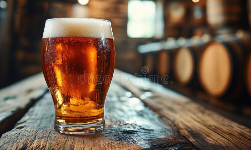 Refreshing Amber Beer Rustic Brewery Setting Wooden Barrels Stock ...