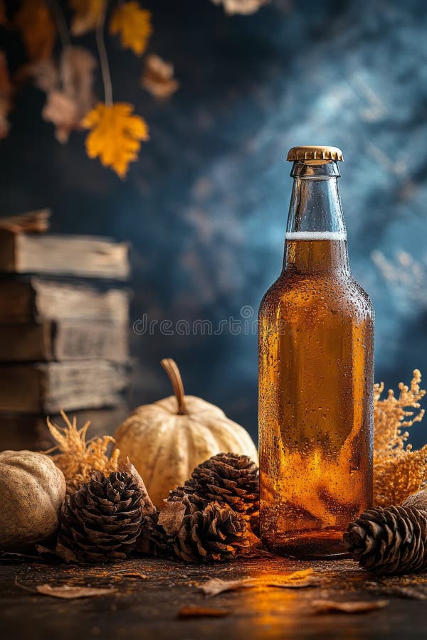 Refreshing Amber Beverage beside Autumn Leaves and Pine Cones on a ...