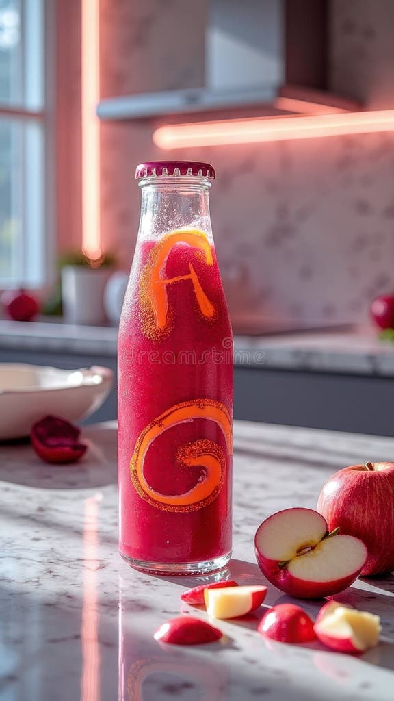Refreshing Apple Berry Juice Bottle on Marble Counter in Modern Kitchen ...