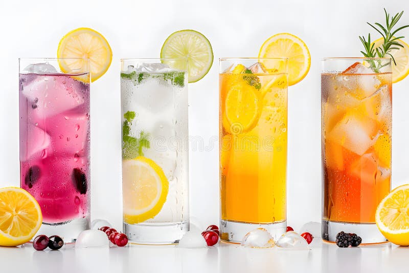 Refreshing Assorted Fruit Drinks with Ice and Citrus Slices Stock Image ...
